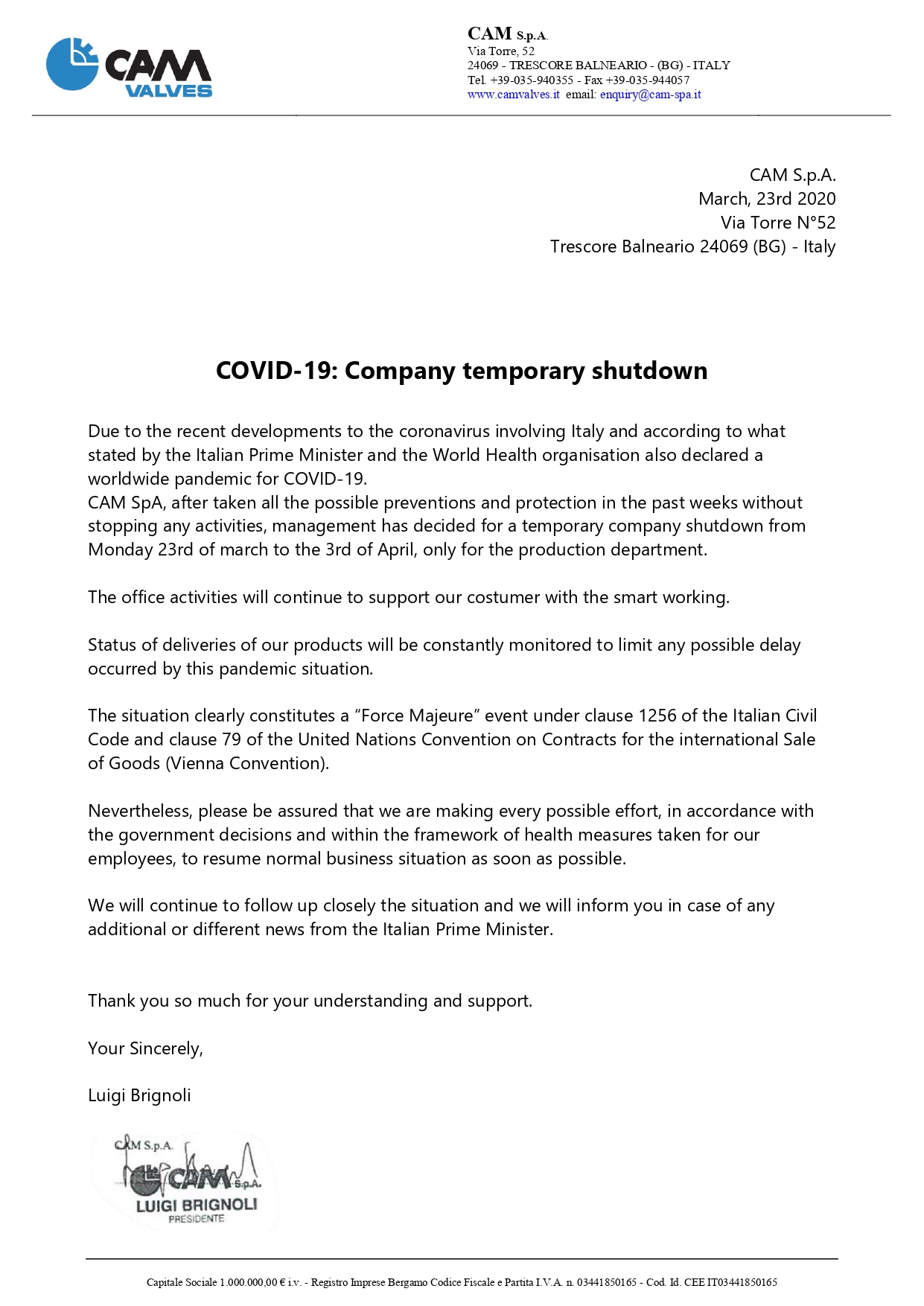 COVID-19: Company temporary shutdown | CAM Valves